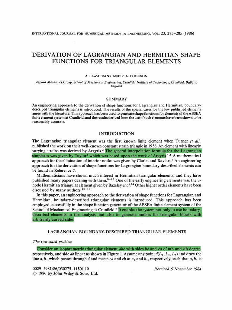 Derivation of Lagrangian and Hermitian Shape Functions For Triangular Elements. | PDF | Finite ...