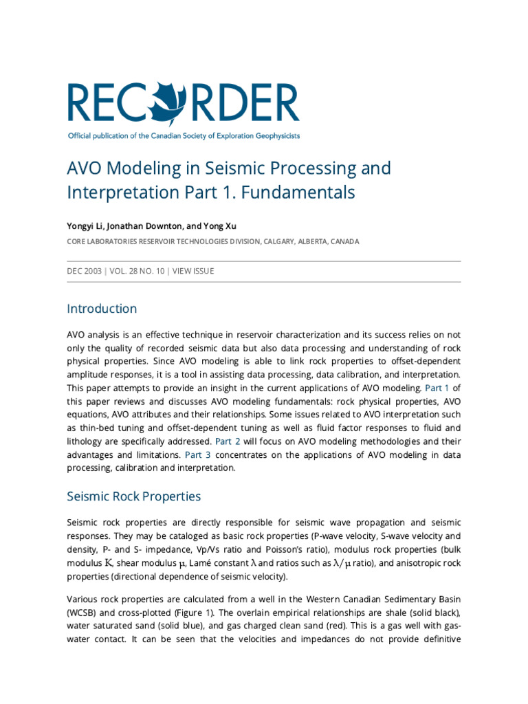 AVO Modeling in Seismic Processing and Interpretation Part 1. Fundamentals - CSEG RECORDER | PDF ...