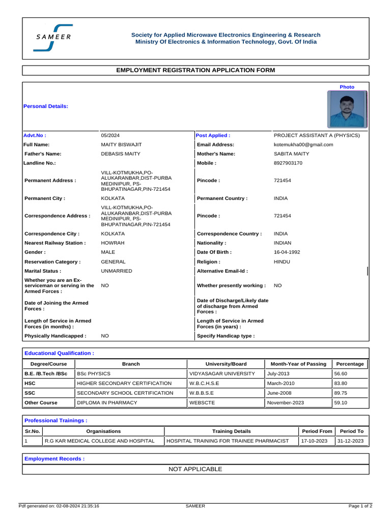 Employment Registration Application Form | PDF