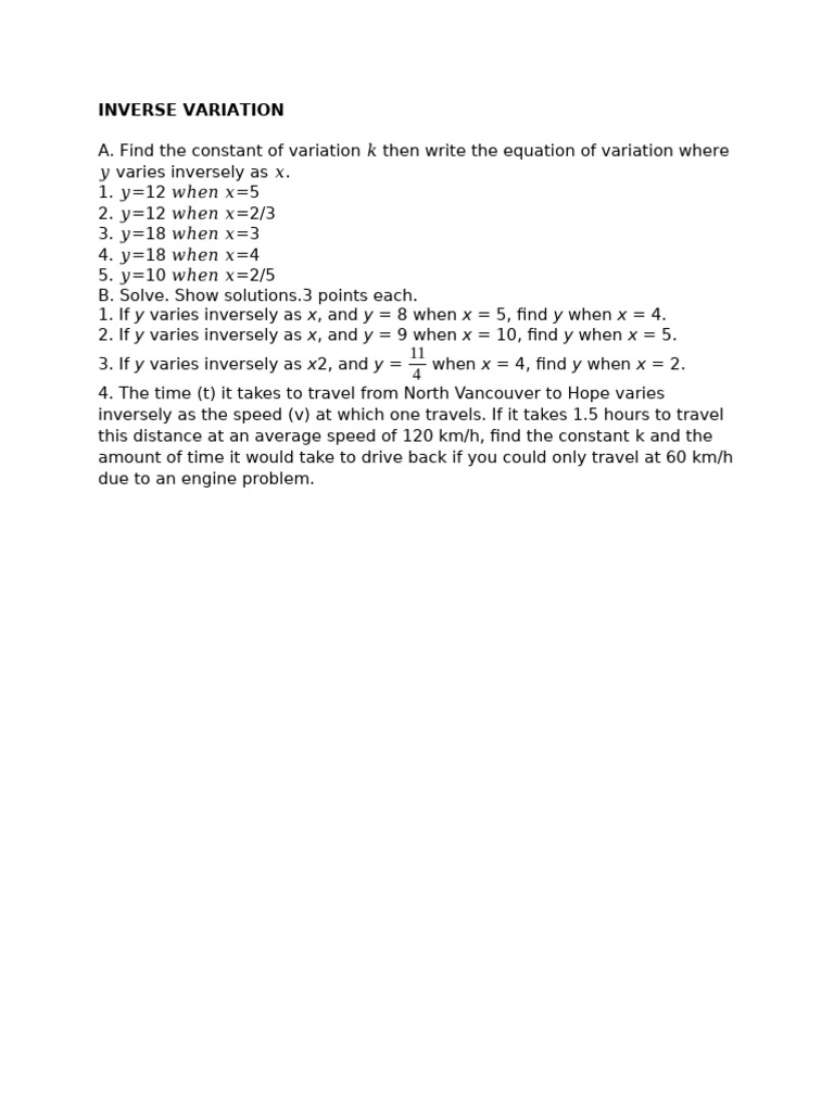 Inverse Variation Problems Solved | PDF | Science & Mathematics