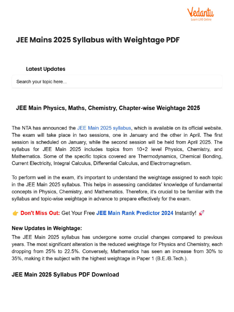 JEE Mains 2025 Syllabus With Weightage PDF | PDF