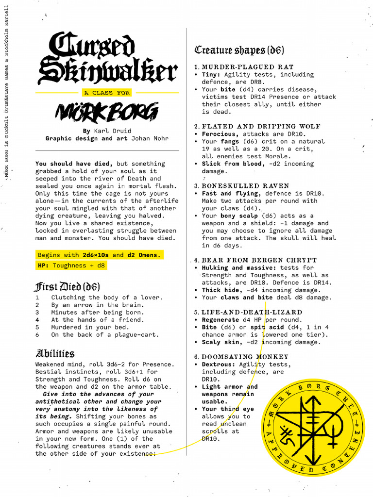 Cursed Skinwalker Mörk Borg | PDF