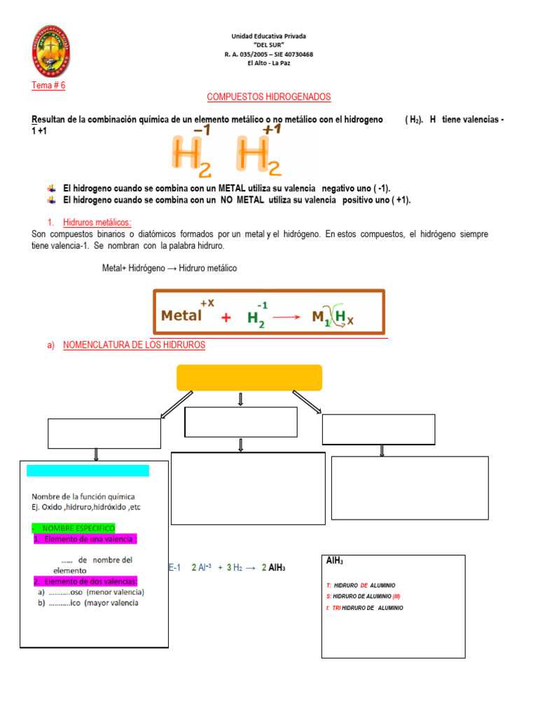 Tema # 6 Compuestos Hidrogenados: Nomenclatura | PDF | Hidruro | Hidrógeno