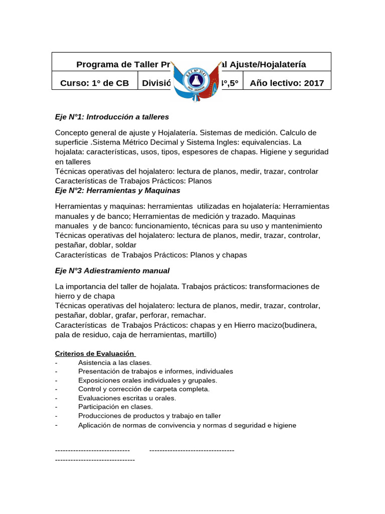 Programa de Taller Hojalteria | PDF