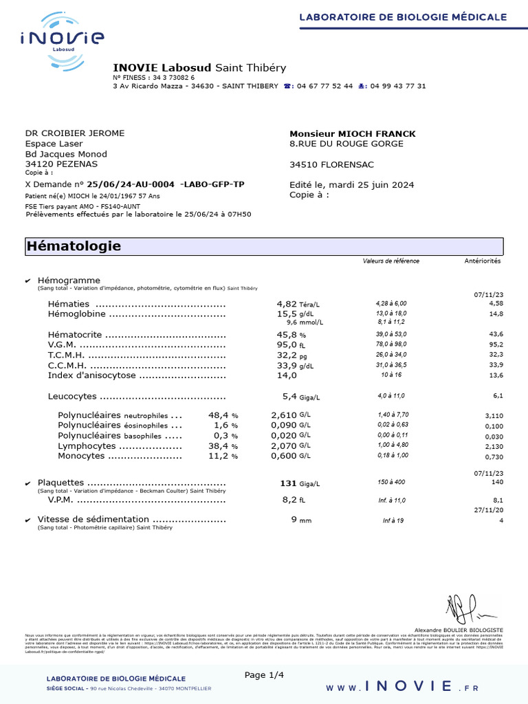 Hématologie: INOVIE Labosud | PDF | Tissu biologique | Fluides corporels