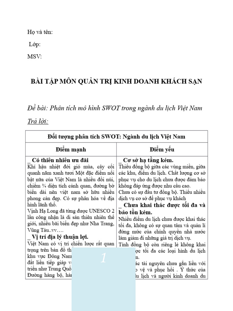 (123doc) - Phan-Tich-Mo-Hinh-Swot-Trong-Nganh-Du-Lich-Viet-Nam | PDF