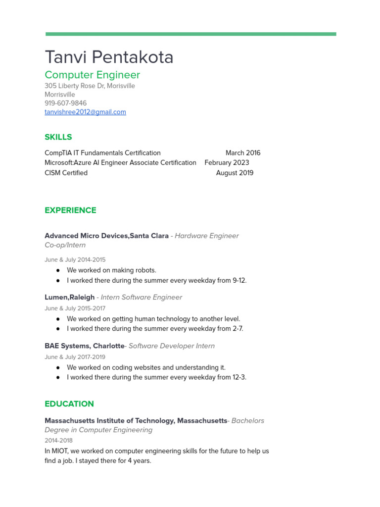 Tanvi Pentakota: Computer Engineer Profile | PDF | Computers ...