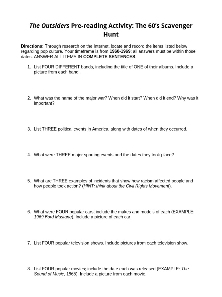 1960s Pop Culture Scavenger Hunt Guide | PDF | History | Travel