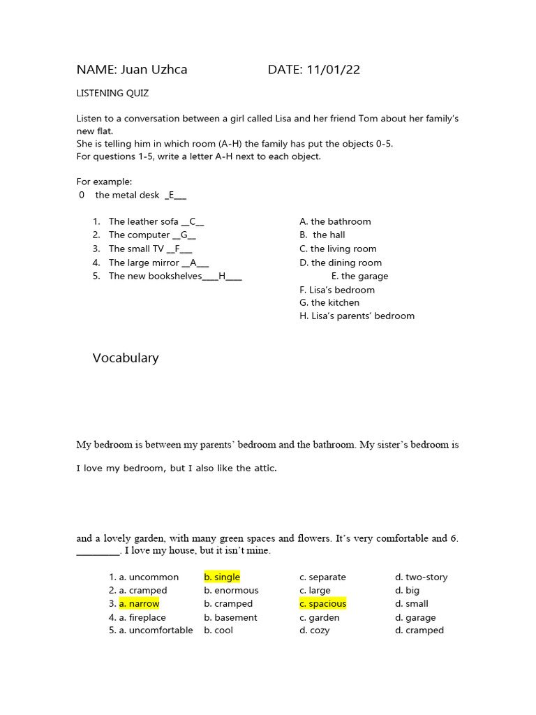 Vocabulary and Grammar Quiz House | PDF | Room | Bedroom