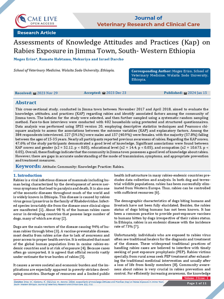 Assessments of Knowledge Attitudes and Practices Kap On Rabies Exposure in Jimma Town South ...