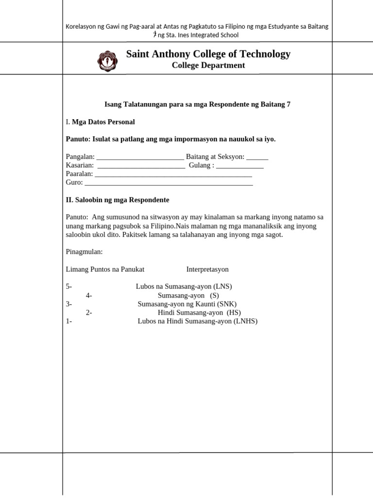Talatanungan para Sa Gawi Sa Pag Aaral NG Mga Respondente Sa Baitang 7 ...