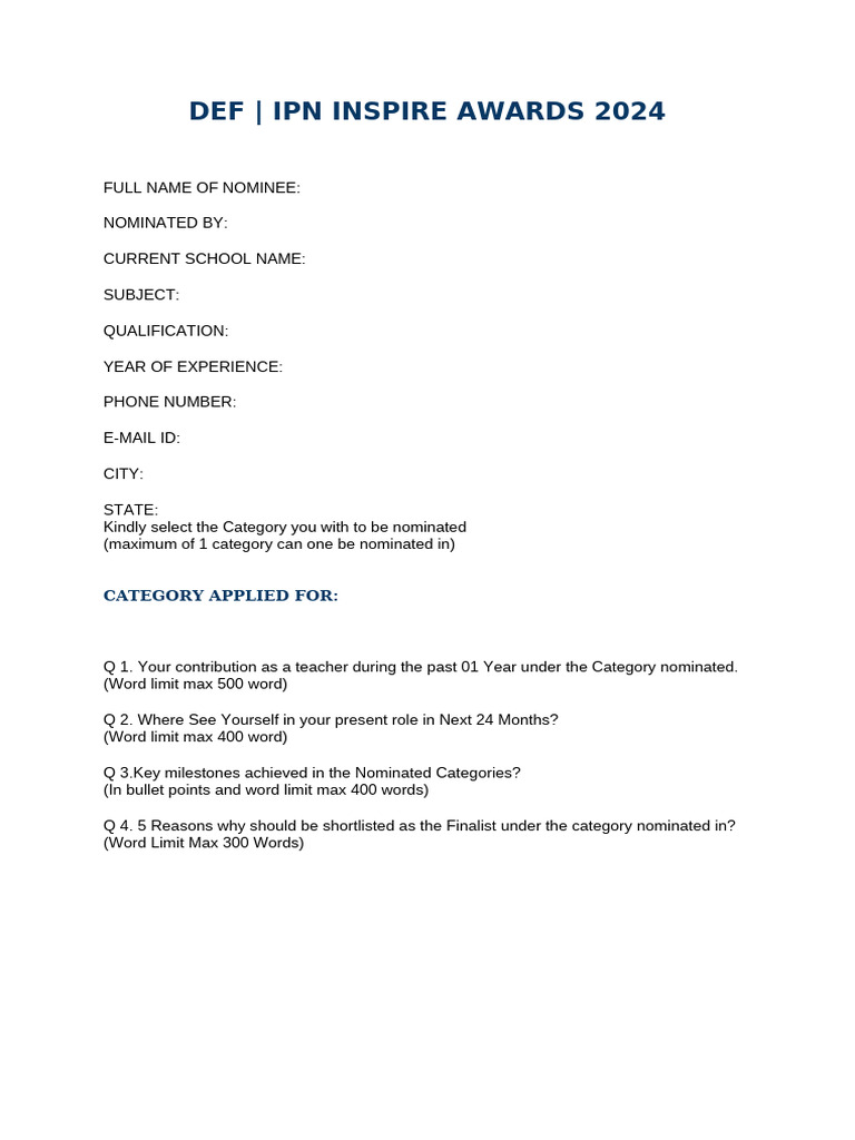 IPN Inspire Awards 2024 Nomination Form | PDF