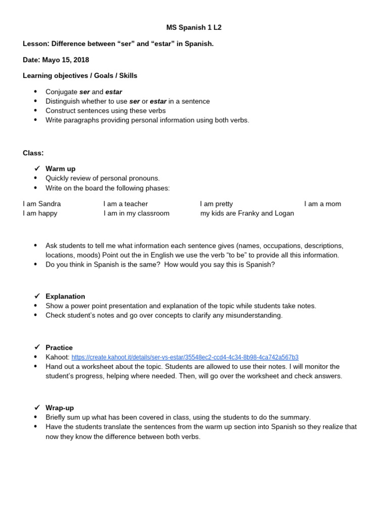 MS Spanish 1 L2 Ser Vs Estar | PDF