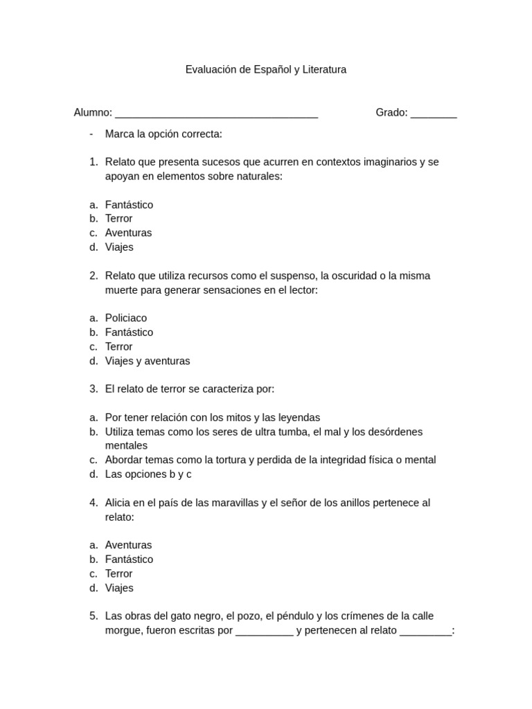 Evaluación de Español y Literatura | PDF