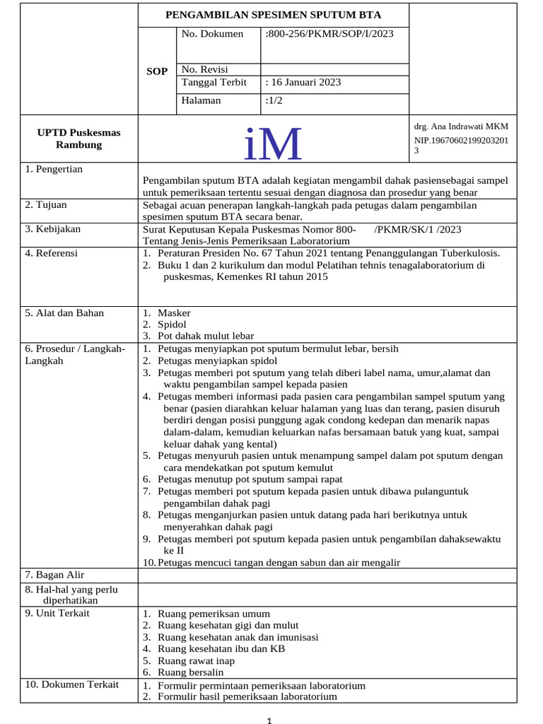 Prosedur Pengambilan Spesimen Sputum BTA | PDF | Kesehatan Holistik ...