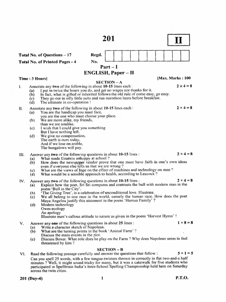 Intermediate IInd Year English - March 2016 Question Paper | PDF