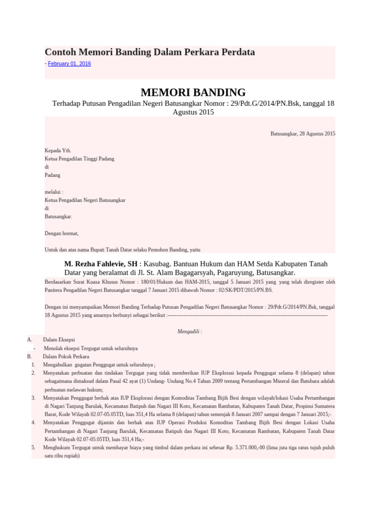Contoh Memori Banding Dalam Perkara Perdata | PDF | Hukum