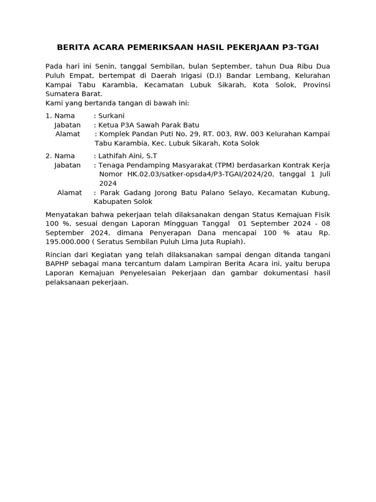 Berita Acara Pemeriksaan Hasil Pekerjaan P3tgai - P3a Sawah Parak Batu Seratus | PDF