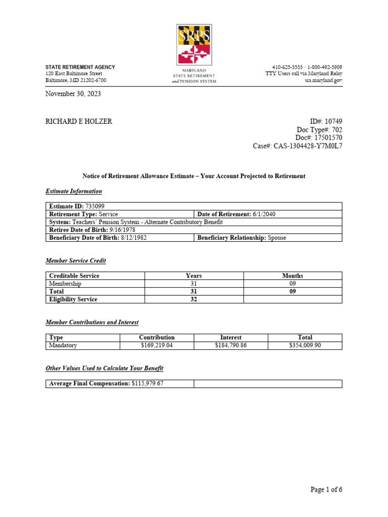 Maryland Teacher Retirement Estimate | PDF | Cost Of Living | Retirement