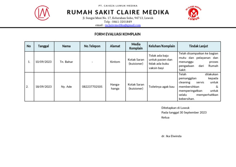 Form Daftar Komplain | PDF