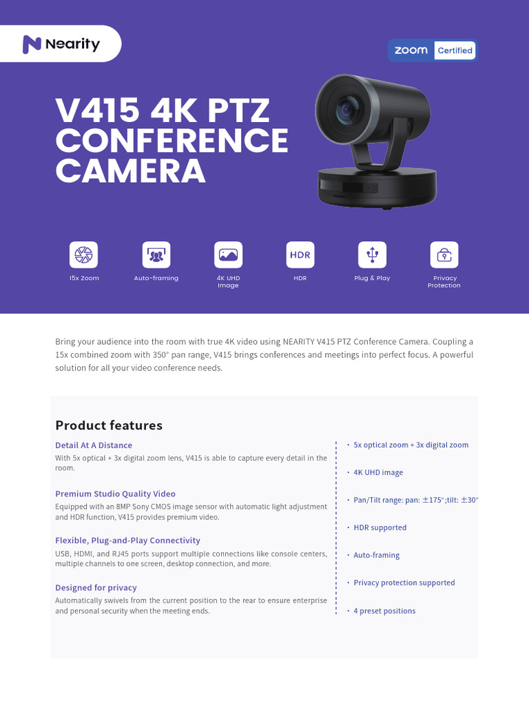 V415 4K PTZ Conference Camera: Product Features | PDF | Camera | Zoom Lens