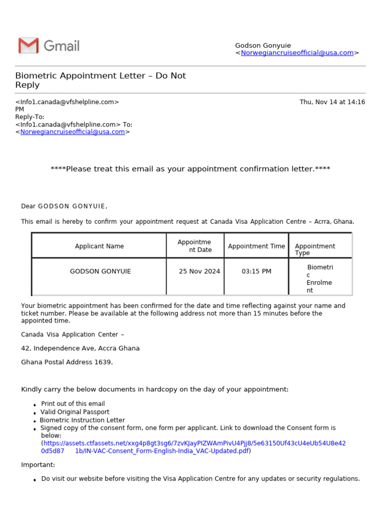 Canada Biometric Appointment Confirmation | PDF | Travel Visa ...