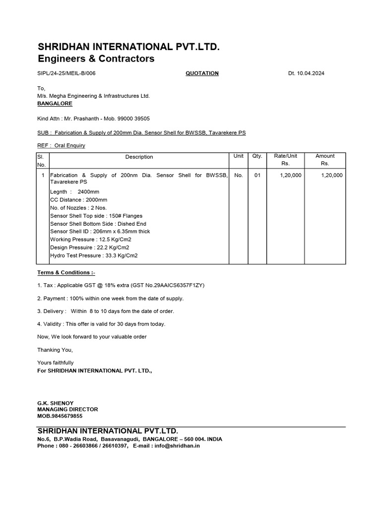 006 -Megha Engineering - Bangalore - Sensor Shell Quotation-1 | PDF