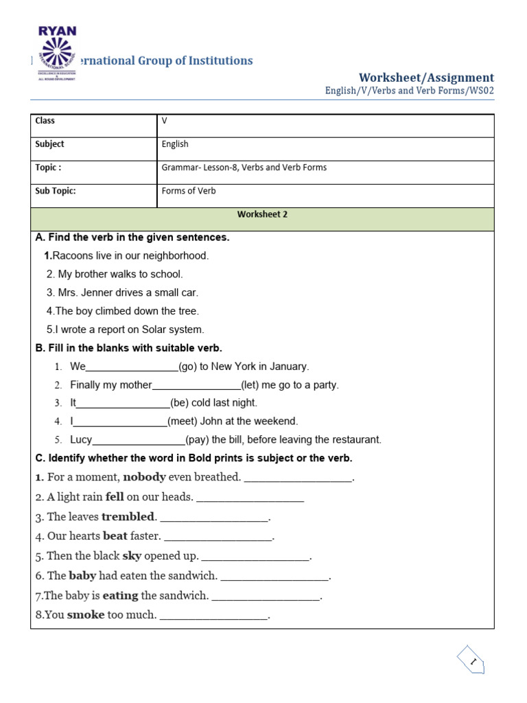 Worksheet 2 - Grammar - Lesson 8, Verbs and Verb Forms - PDF - Ic36119 ...