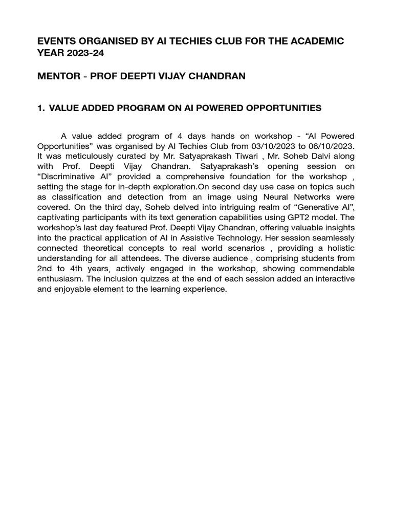 AI TECHIES CLUB EVENTS .Docx 1 | PDF | Artificial Intelligence ...