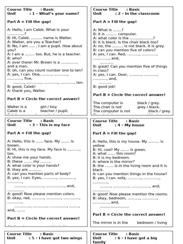 Speaking Section - Basic 1-6 - Elementary I 1-2 | PDF