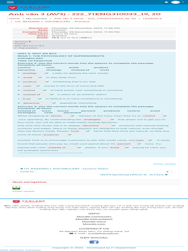 U3. Reading 1. Vocabulary - Practice Attempt Review | PDF | Vietnam