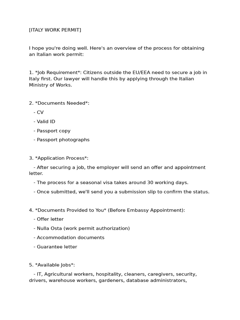 Italy Work Permit - (Whatsapp) | PDF