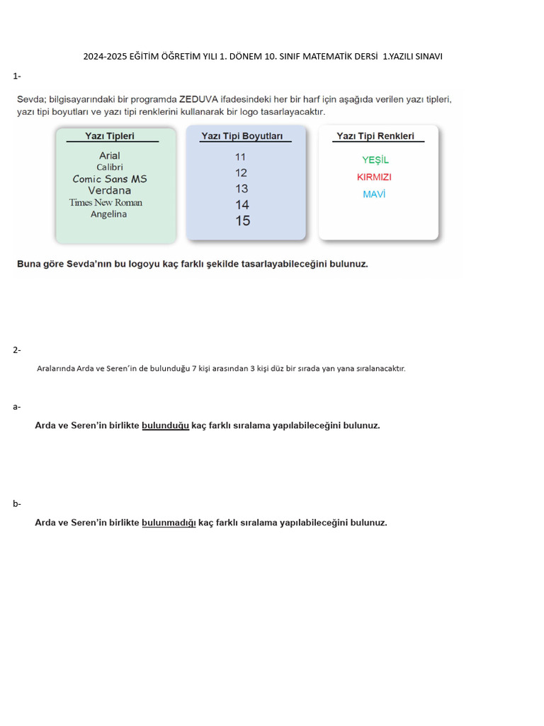 10.sinif Matematik 1.donem 1.yazili Ornegi | PDF