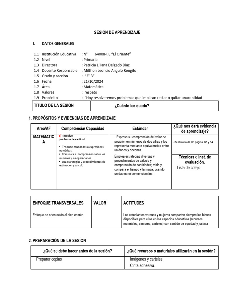 Sesion de Aprendizaje Matematica | PDF | Aprendizaje | Evaluación