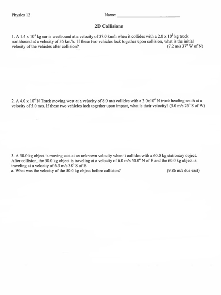 1.8A 2D Collisions Worksheet | PDF