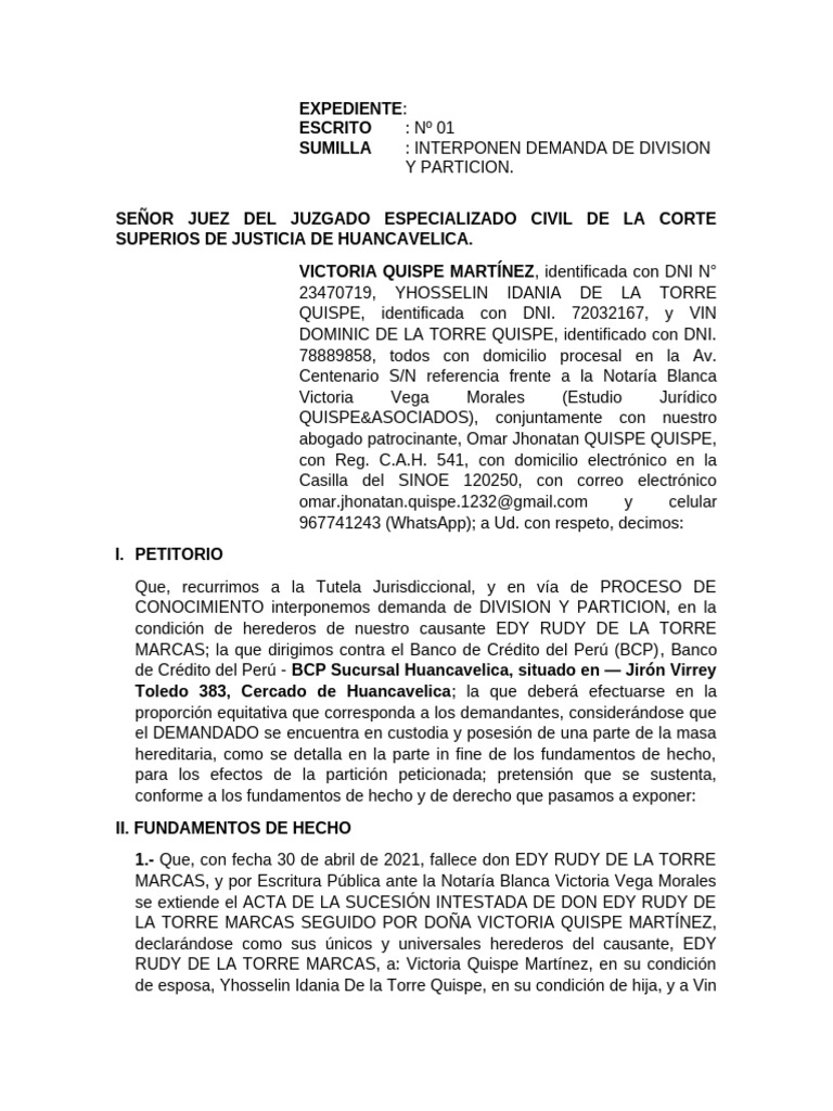 Demanda Particion y Division de Herencia Edy Rudy de La Torre Marcas | PDF | Ley procesal ...