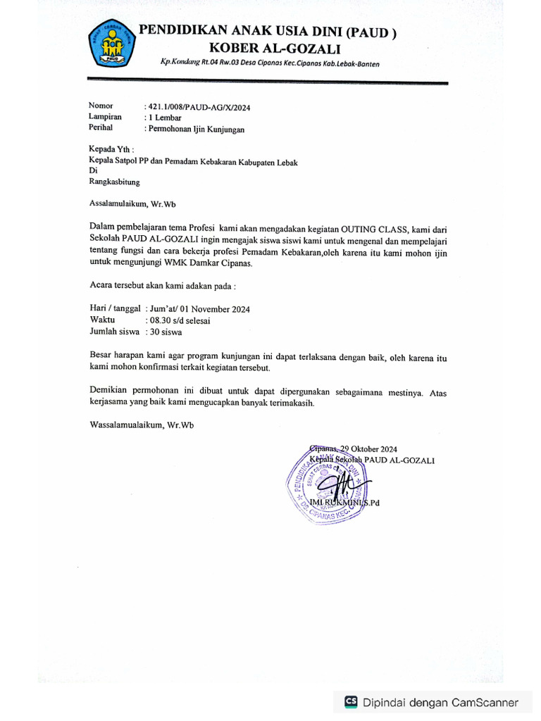 Surat Permohonan Kunjungan Paud Al-Gozali | PDF