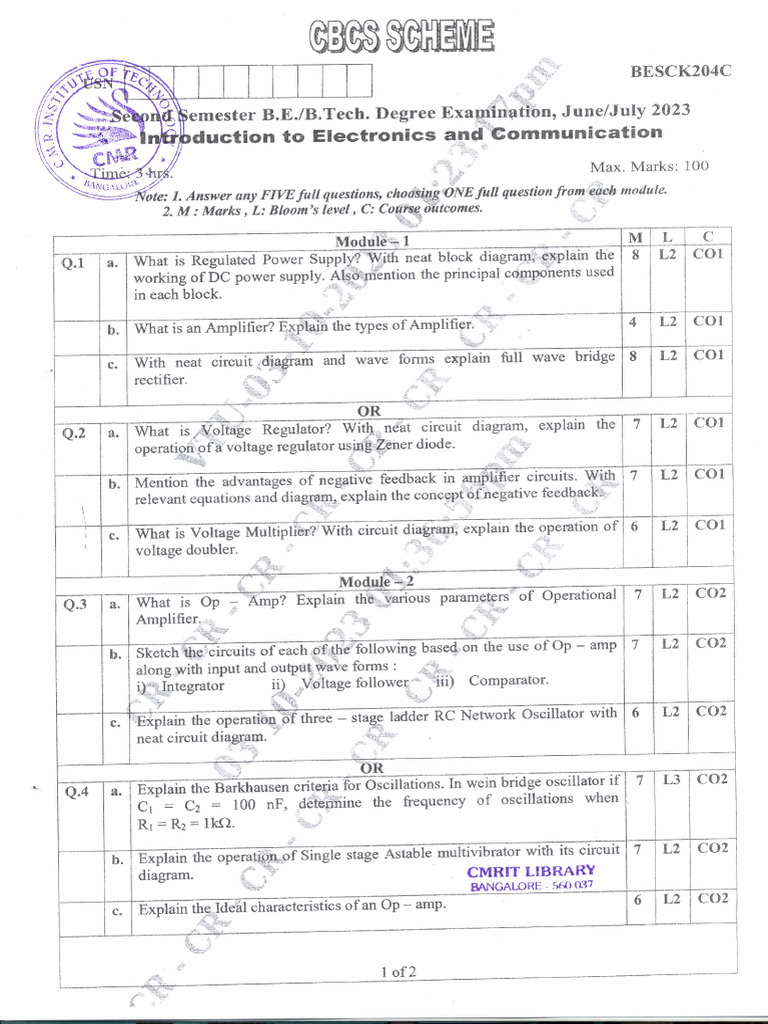 VTU Question Paper of BESCK204C Introduction To Electronics and Communication June-July-2023 | PDF