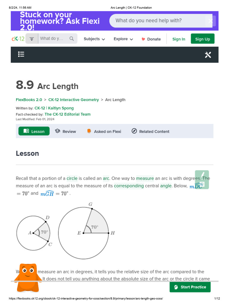 Arc Length - CK-12 Foundation | PDF | Angle | Circle