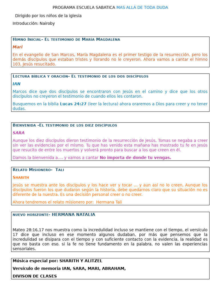 Programa Escuela Sabatica Mas Allá de Toda Duda | PDF