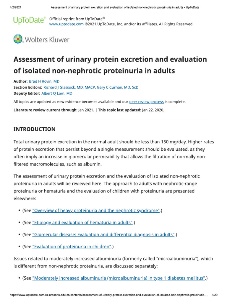 Assessment of Urinary Protein Excretion... Rotic Proteinuria in Adults ...