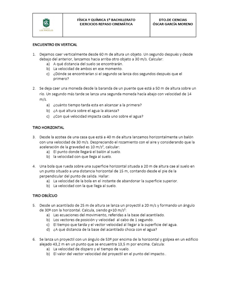 Ejercicios de Cinemática 1º Bachillerato | PDF | Velocidad | Aceleración