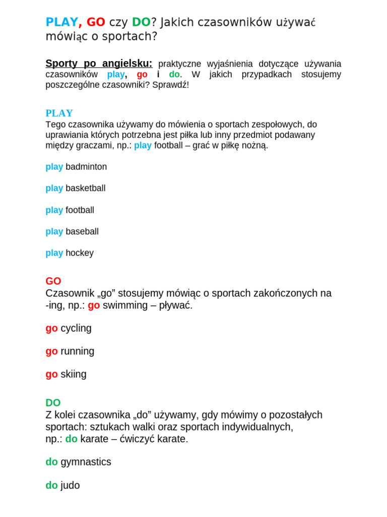 Play, Go or Do in Sports | PDF