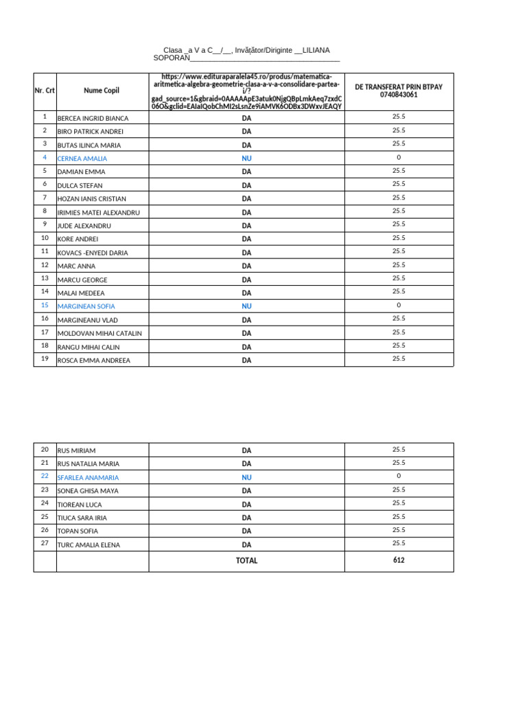Tabel - Comanda - Auxiliar Matematica Clasa - A - V - A - C | PDF