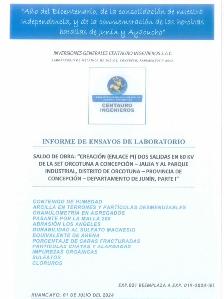 Exp.021-2024 Informe de Ensayos NTP 400.037 | PDF