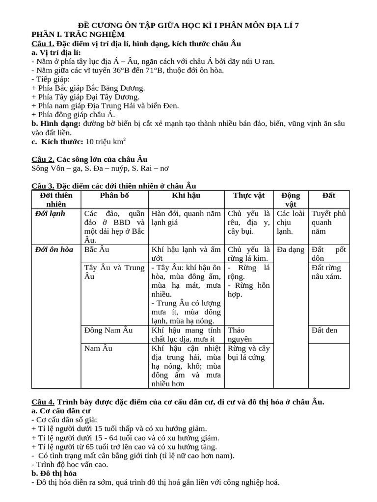 De Cuong On Tap Dia Li Lop 7 GK1 | PDF
