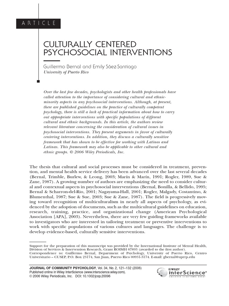 Culturally Centered Psychosocial Interventions | PDF | Psychotherapy ...