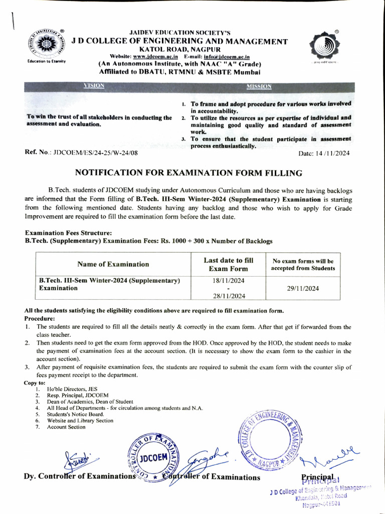 Notification & Time Table of B.Tech III-Sem, W-2024 (Supplementary ...