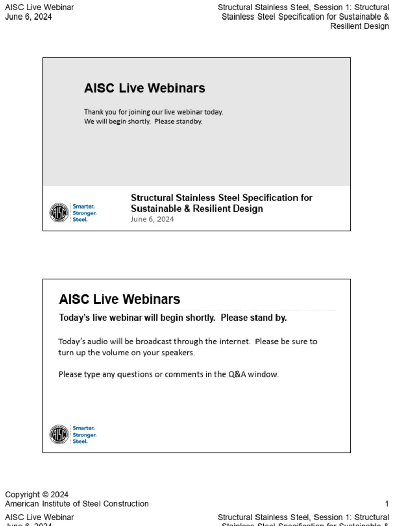 Stainless Steel Webinar No. 1 - Slides 2024.06.06 AISC | PDF ...