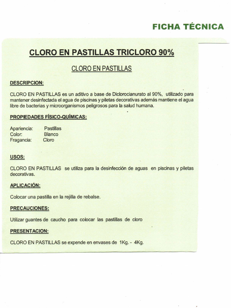 Ficha Tecnica Cloro en Pastillas 90 220104 - 14385002 | PDF